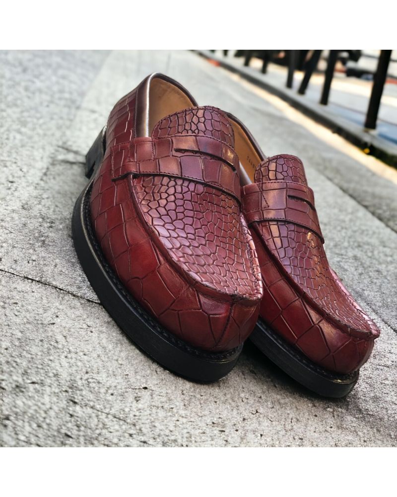 John Mendson Moccasin 14407 Bordeaux Croco Print Leather