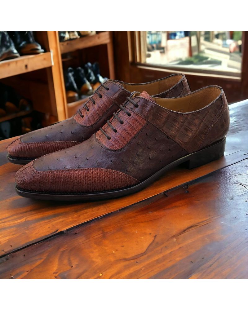 Mezlan 50001 brown Mixed Croco Lizard ostrich Oxfords