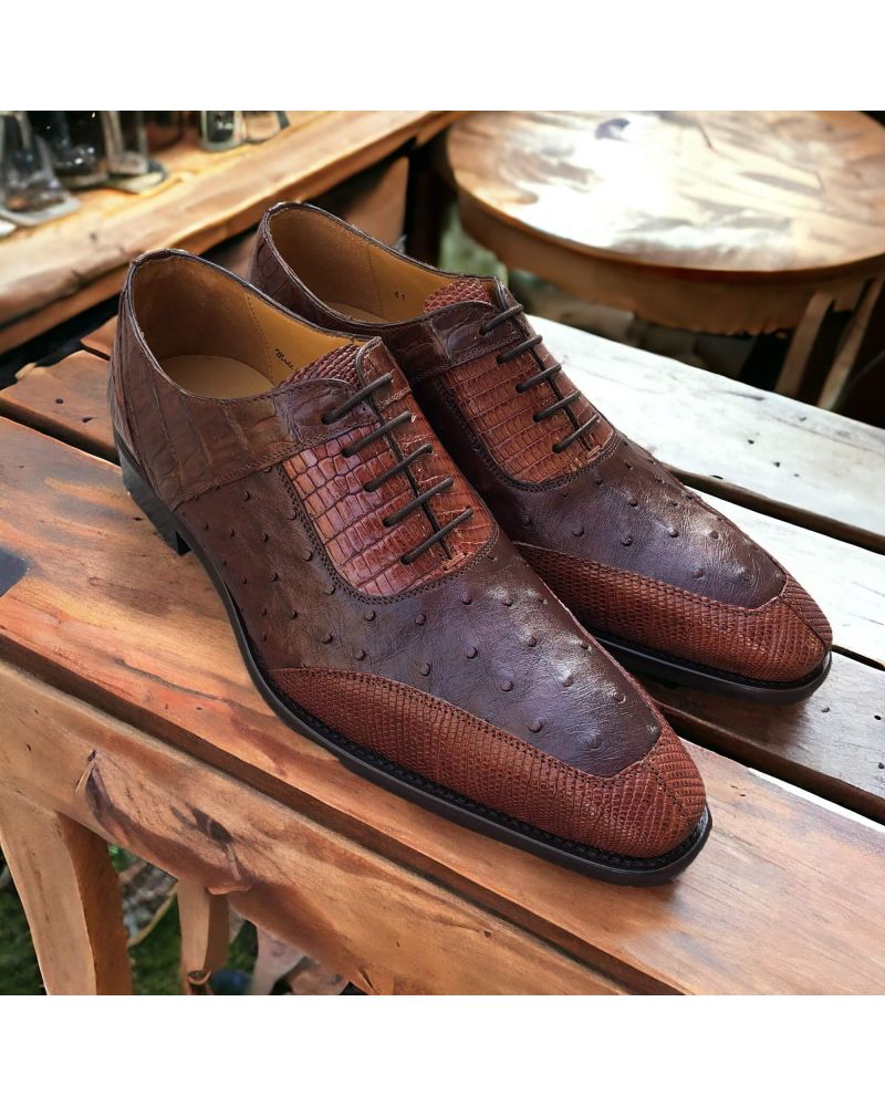 Mezlan 50001 brown Mixed Croco Lizard ostrich Oxfords