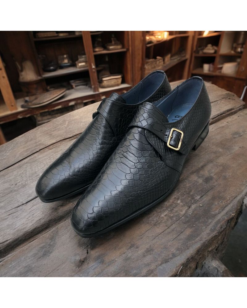 Center 51 Buckle Shoe 12250, Black Python print Leather