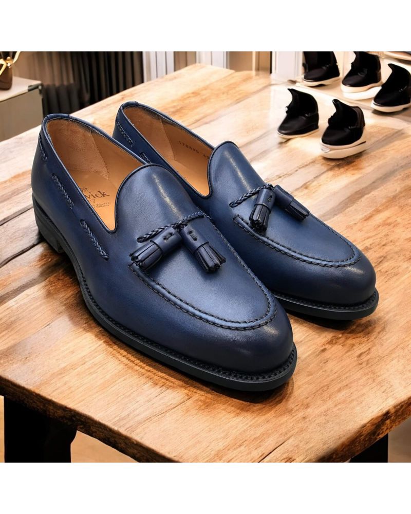 Berwick Mocassin à pompons 4340, cuir bleu marine, cousu Goodyear