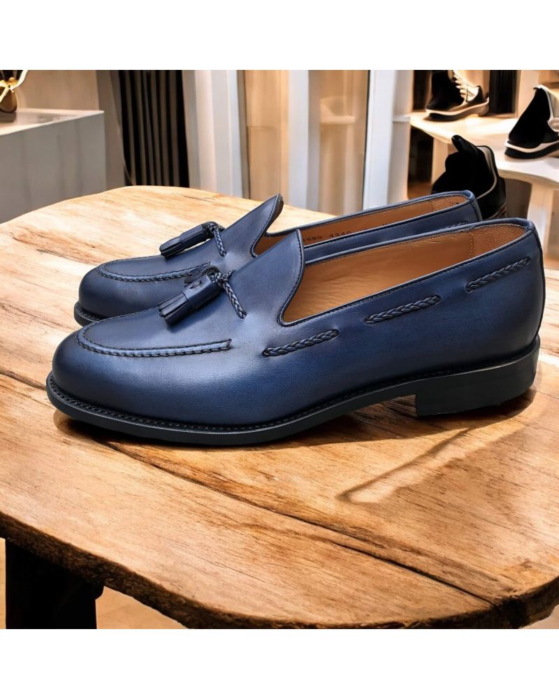Berwick Mocassin à pompons 4340, cuir bleu marine, cousu Goodyear